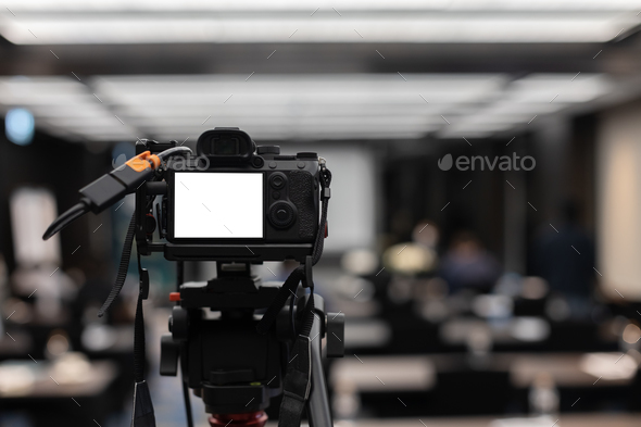 camera with white screen in news broadcast live studio. Stock Photo by ...
