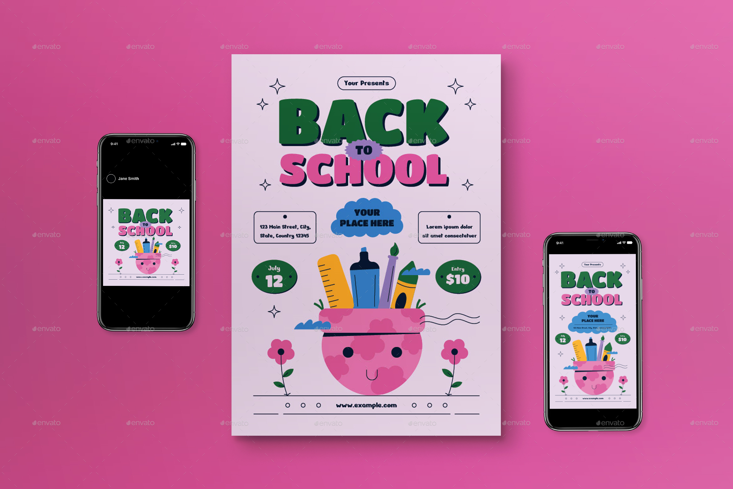 Pink Hand Drawn Doodle Back to School Flyer Set, Print Templates ...