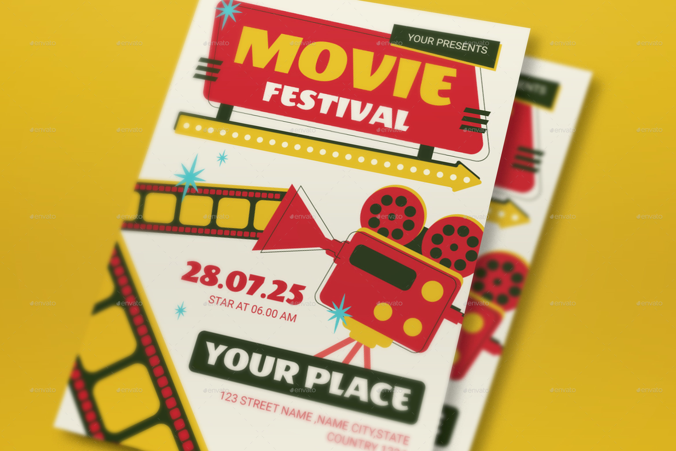 Red Mid Century Movie Festival Flyer Set, Print Templates | GraphicRiver