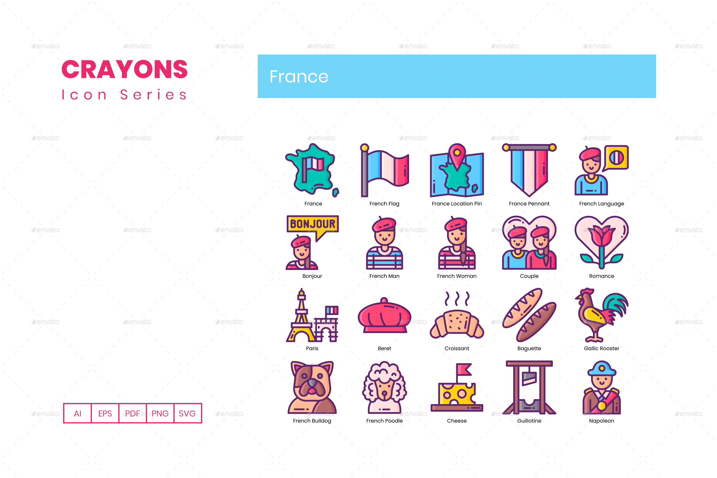 75 France Icons | Crayons Series, Icons | GraphicRiver