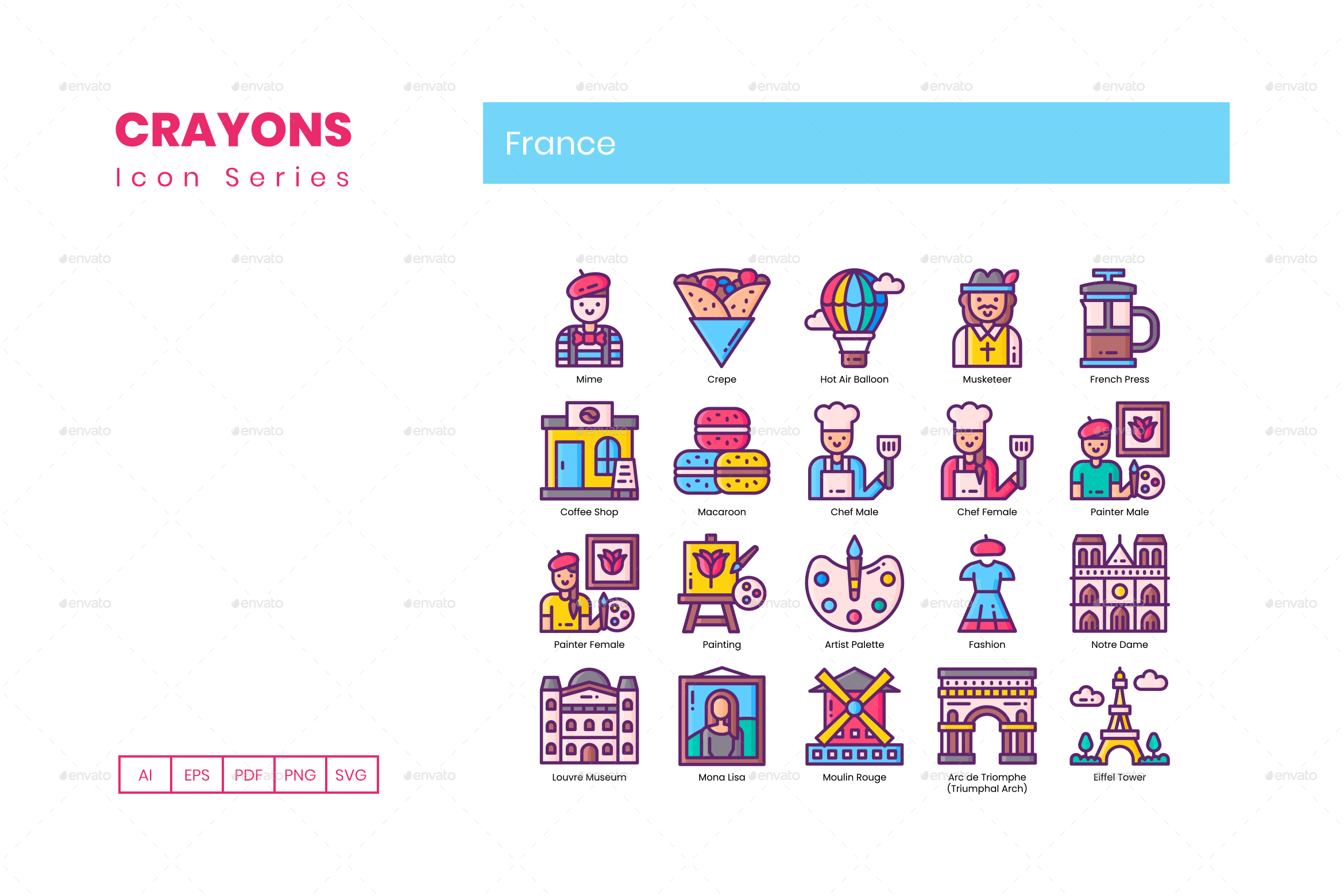 75 France Icons | Crayons Series, Icons | GraphicRiver