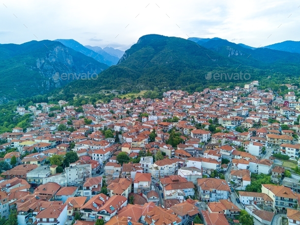 Greek town of Litochoro with small houses against the backdrop of the ...