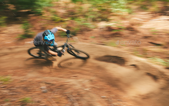 Bike, motion blur and cycling trail on path for adventure, speed and ...