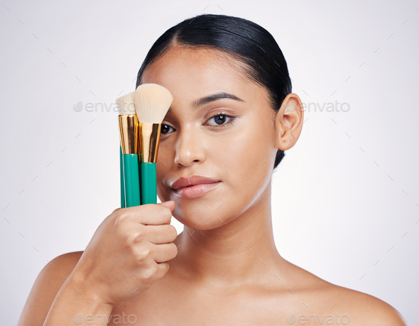 Makeup brush, face and beauty with woman in portrait, foundation ...