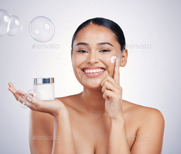 Beauty cream, face and skin of woman in studio for glow, dermatology ...