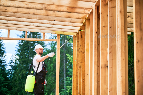 Worker applying fire retardant using sprayer, while constructing wooden ...