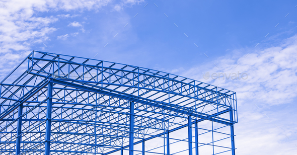 Metal roof beam and columns of new warehouse building structure in ...
