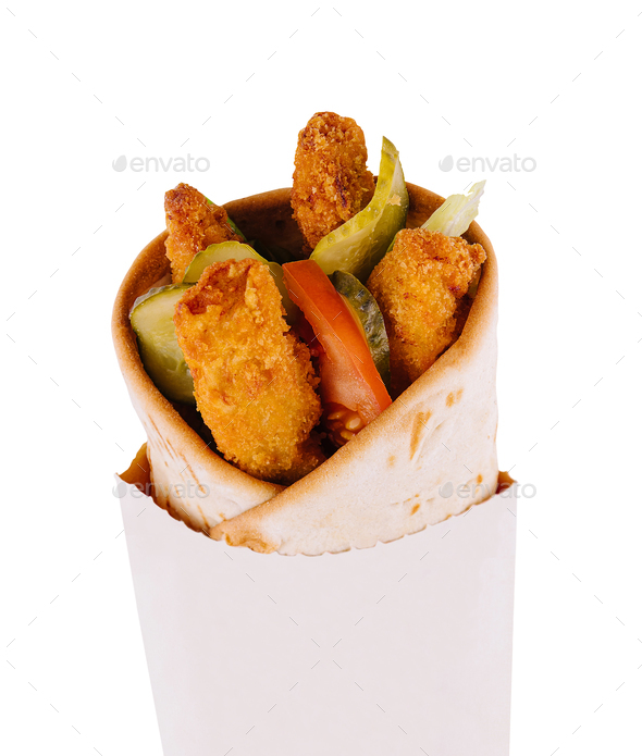 Roll with chicken nuggets isolated on white Stock Photo by AntAlexStudio