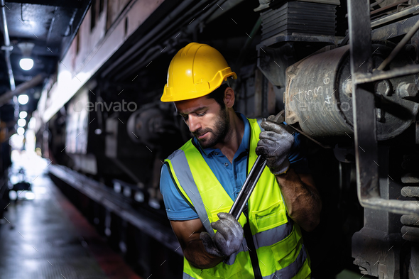 Mechanics service engineer working underneath train car maintenance ...