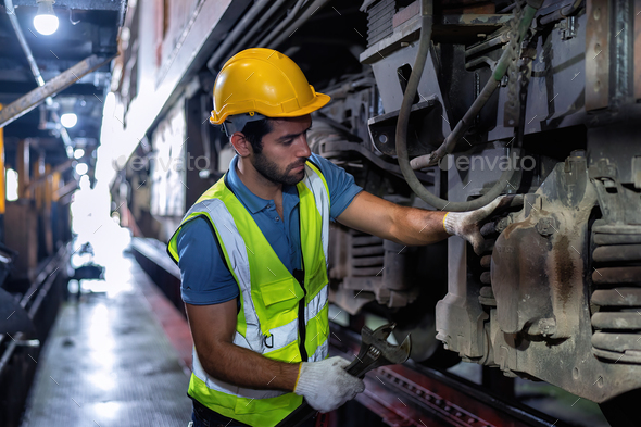 Mechanics service engineer working underneath train car maintenance ...