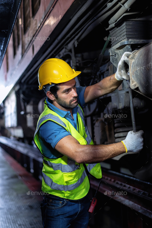 Mechanics service engineer working underneath train car maintenance ...
