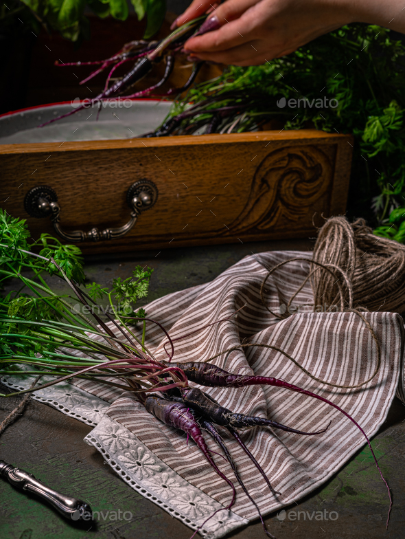 vegetables and unusual violet carrots harvest Stock Photo by ...