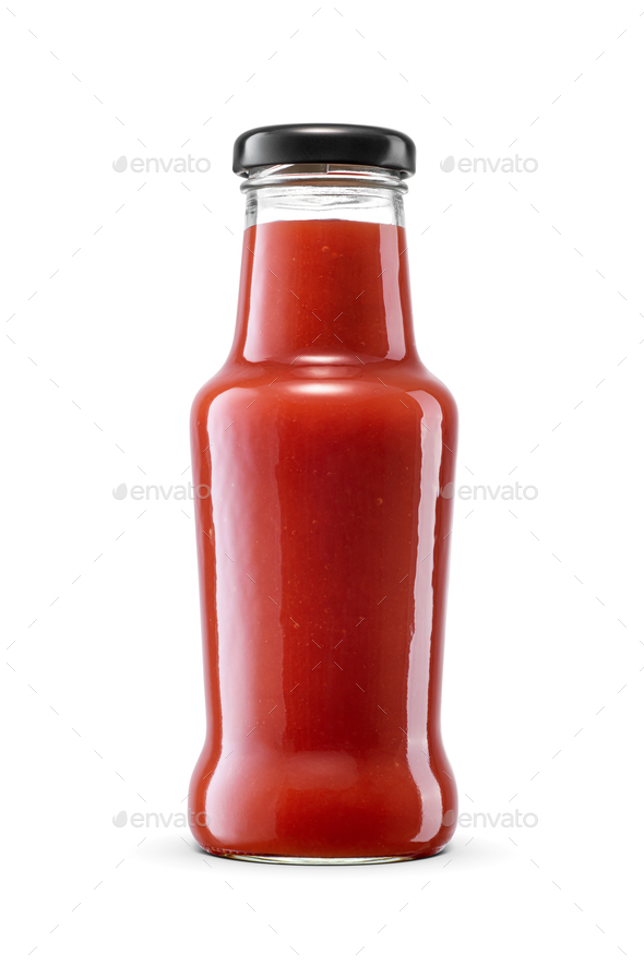 Glass bottle of red tomato ketchup with twist off screw cap isolated on ...