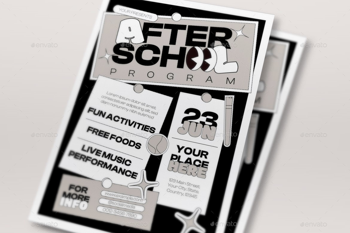 Monochrome Flat Design After School Program Flyer Set, Print Templates