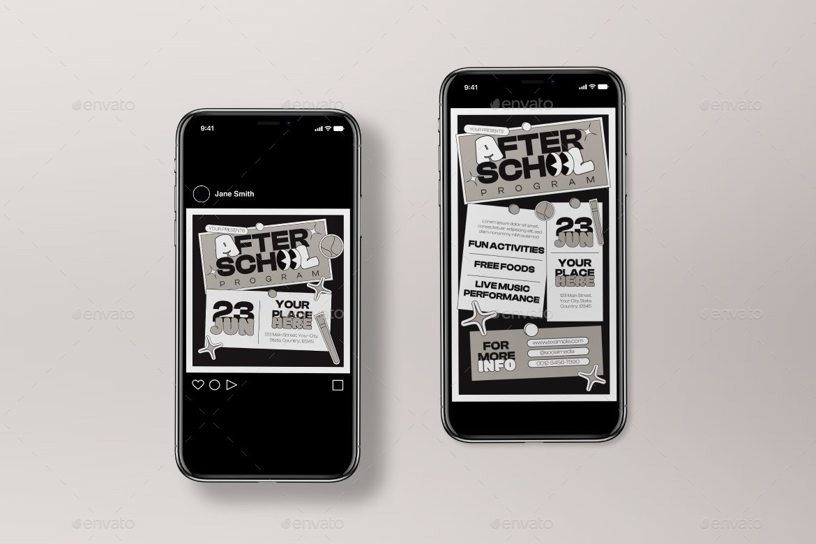 Monochrome Flat Design After School Program Flyer Set, Print Templates