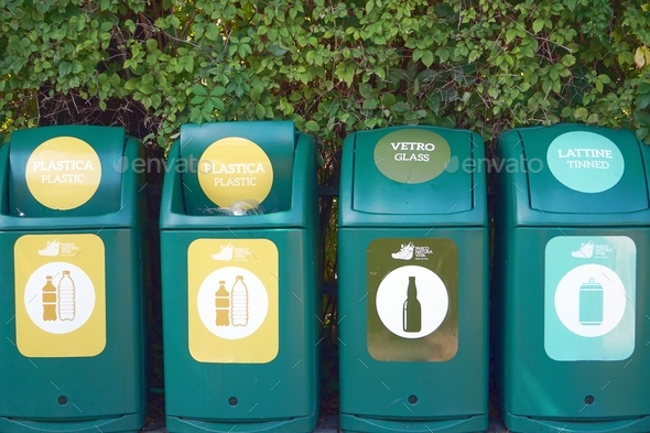 Waste management signs and symbols on a garbage bin Stock Photo by ...