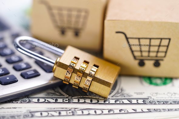 Golden security digital password lock key and Box with shopping cart ...