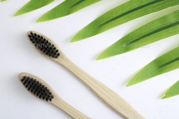 Bamboo toothbrushes on a white background next to a palm leaf. Stock ...