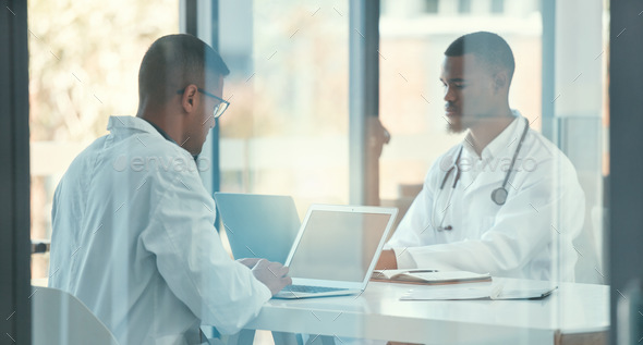 Team of medical doctors working together. Two doctors working on their laptops together. Medical ...