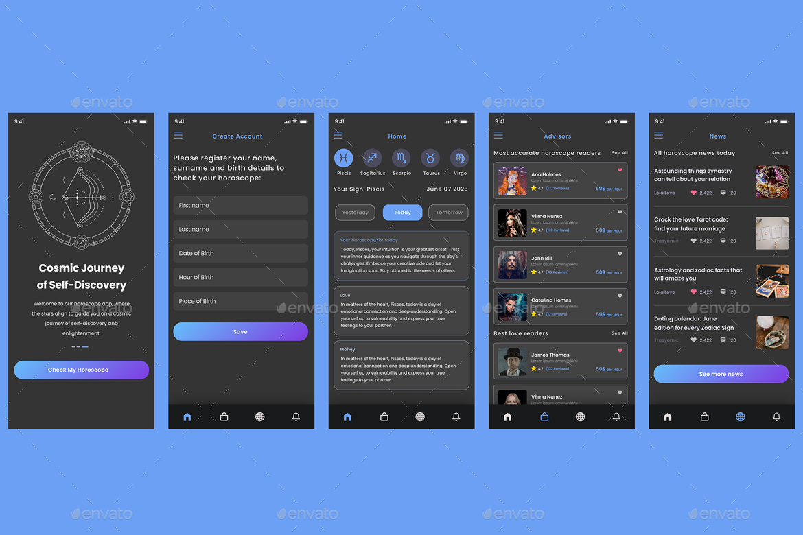 Horoscope Astrology & Zodiac Daily Reading App UI, Web Elements | GraphicRiver