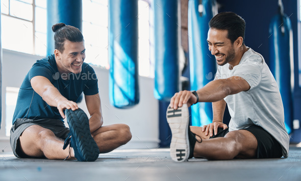 Men smile, gym and legs stretching of friends before training, fitness ...