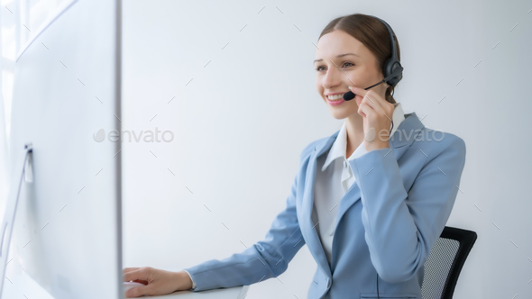 Call center agent woman with headset working on support hotline in modern office. Stock Photo by ...