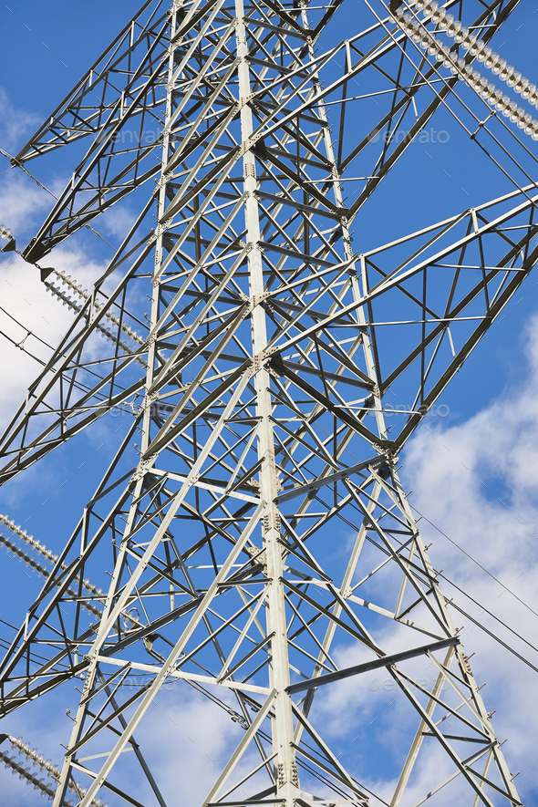 Power line tower. Energy industry. Industrial electricity distribution ...