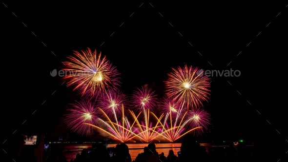 Colorful firework in celebration night with night sky background. Stock ...
