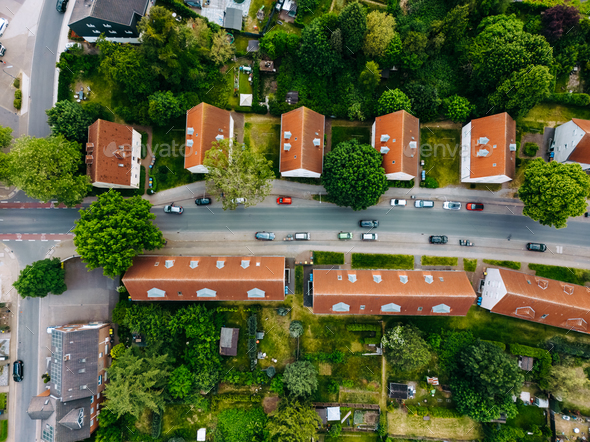 Scenic landscape from above aerial view of houses in small town in ...