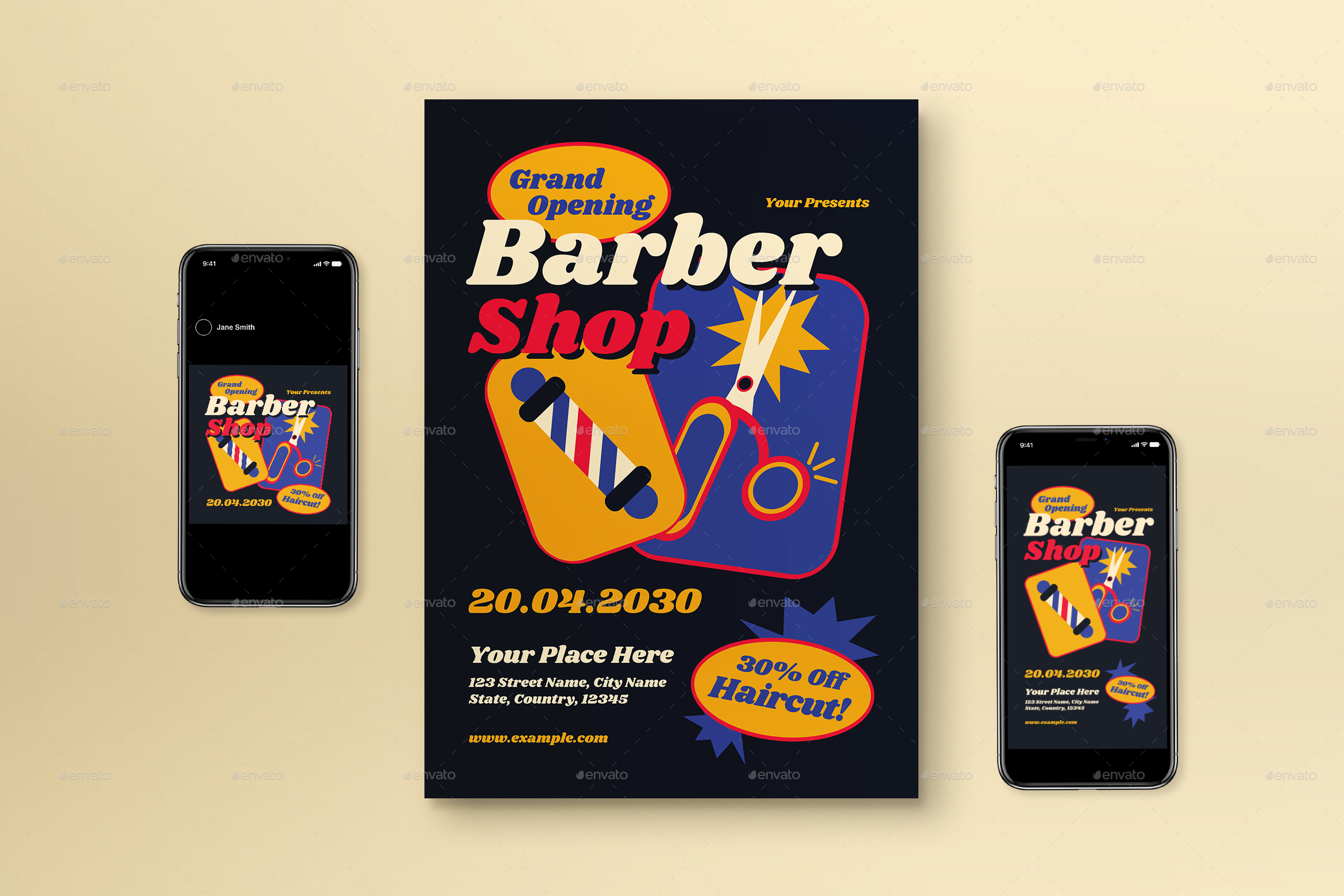 Red Retro Modern Grand Opening Barbershop Flyer Set, Print Templates