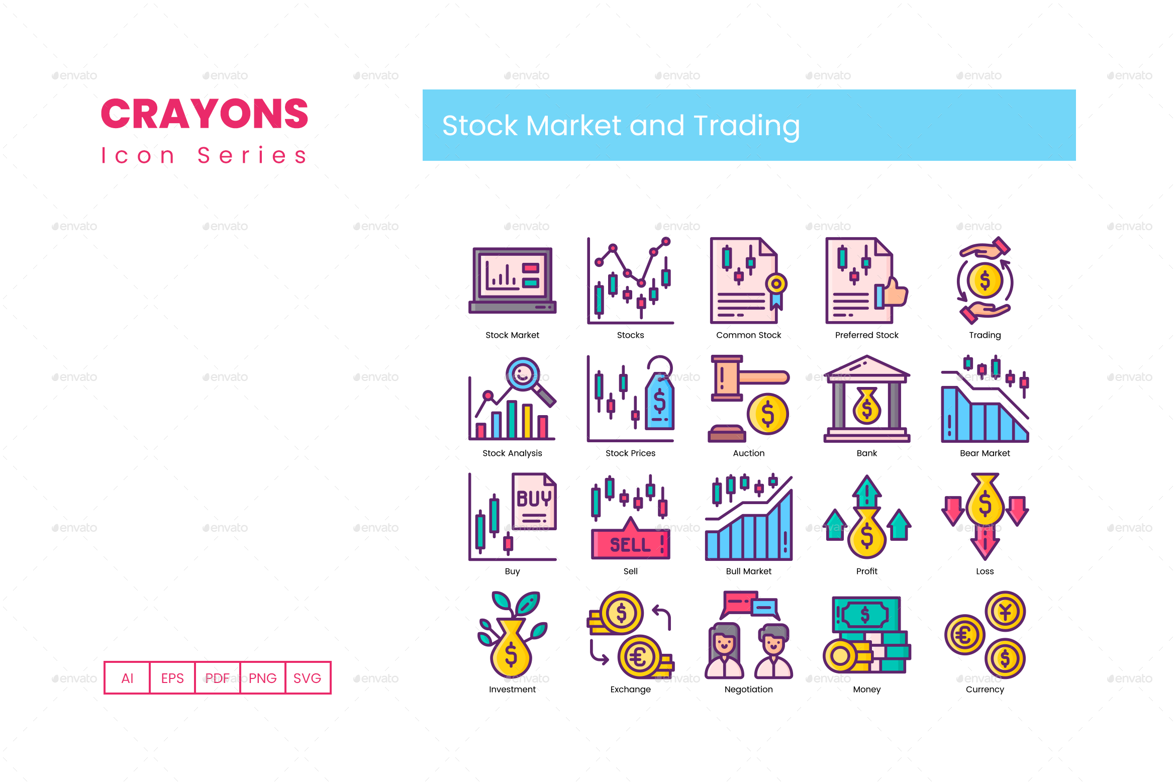 70 Stock Market and Trading Icons | Crayons Series, Icons | GraphicRiver