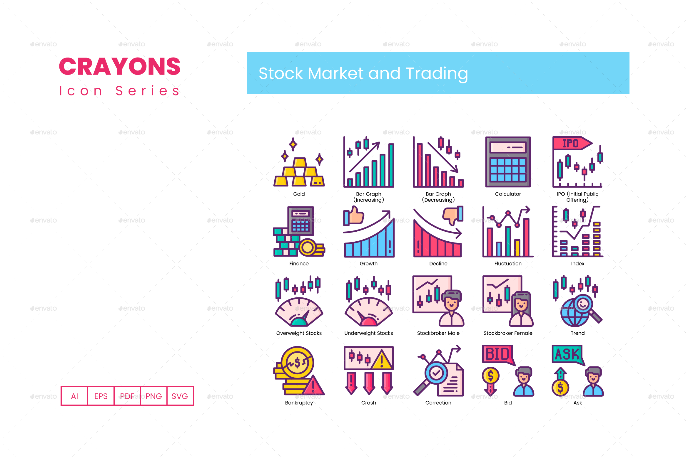 70 Stock Market and Trading Icons | Crayons Series, Icons | GraphicRiver