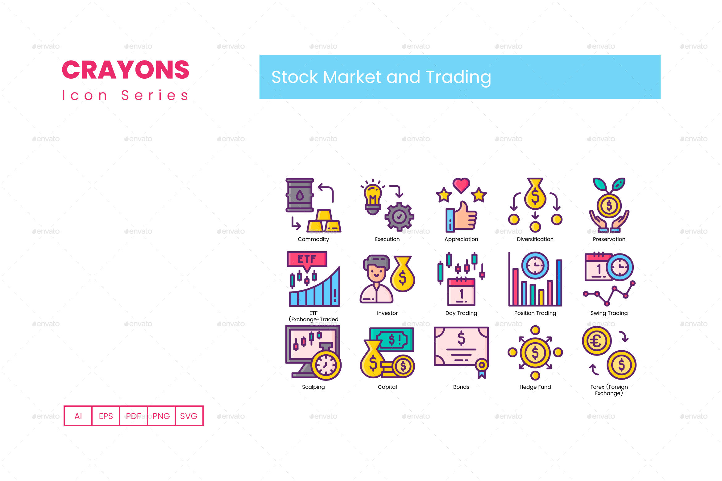 70 Stock Market and Trading Icons | Crayons Series, Icons | GraphicRiver