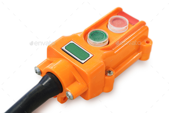 Orange industrial wired remote control Stock Photo by sergeyskleznev