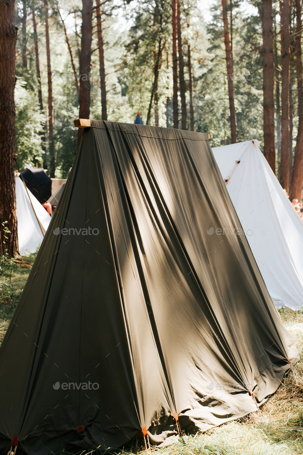 Tent camp in the forest. Rag camping tent of the Middle Ages Stock ...