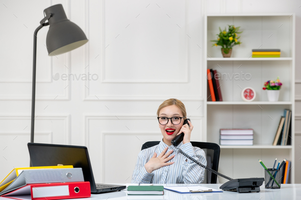 secretary working in office cute lovely young blonde girl in shirt with ...