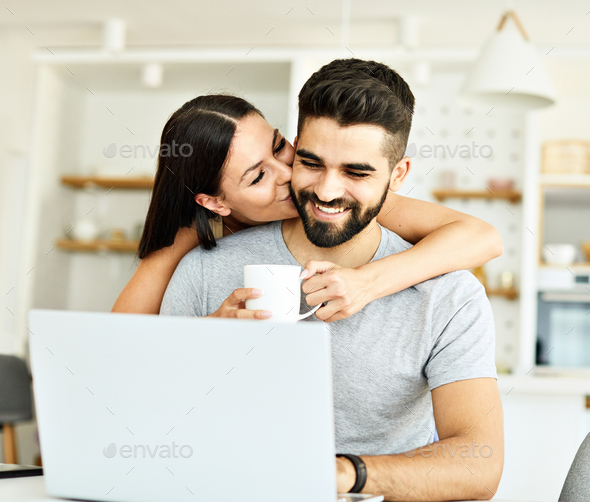 laptop woman man couple computer indoor technology young together ...