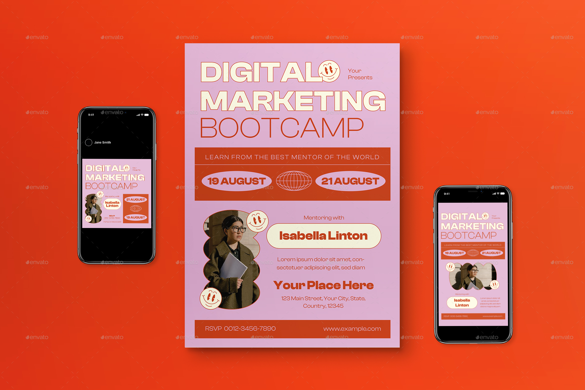 Pink Flat Design Digital Marketing Bootcamp Flyer Set, Print Templates