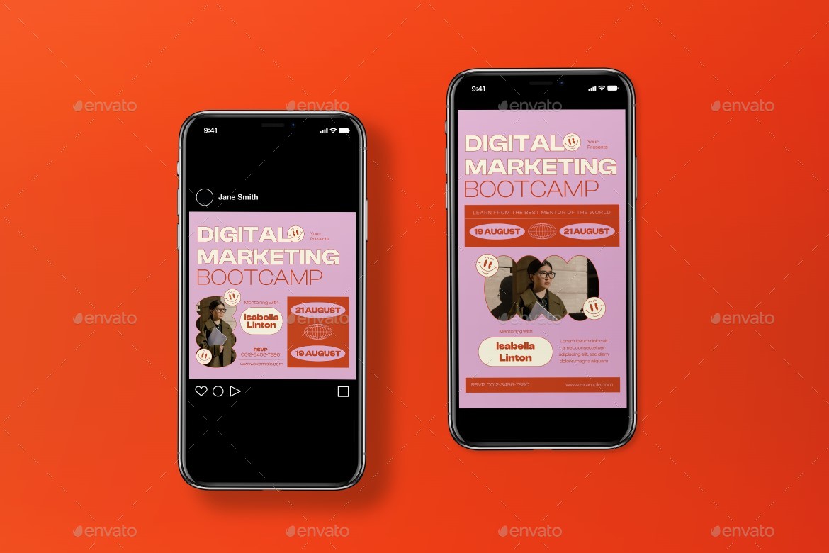 Pink Flat Design Digital Marketing Bootcamp Flyer Set, Print Templates