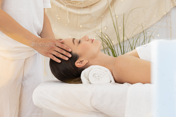 Concept of spa, relax and self care with beautiful young woman Stock ...