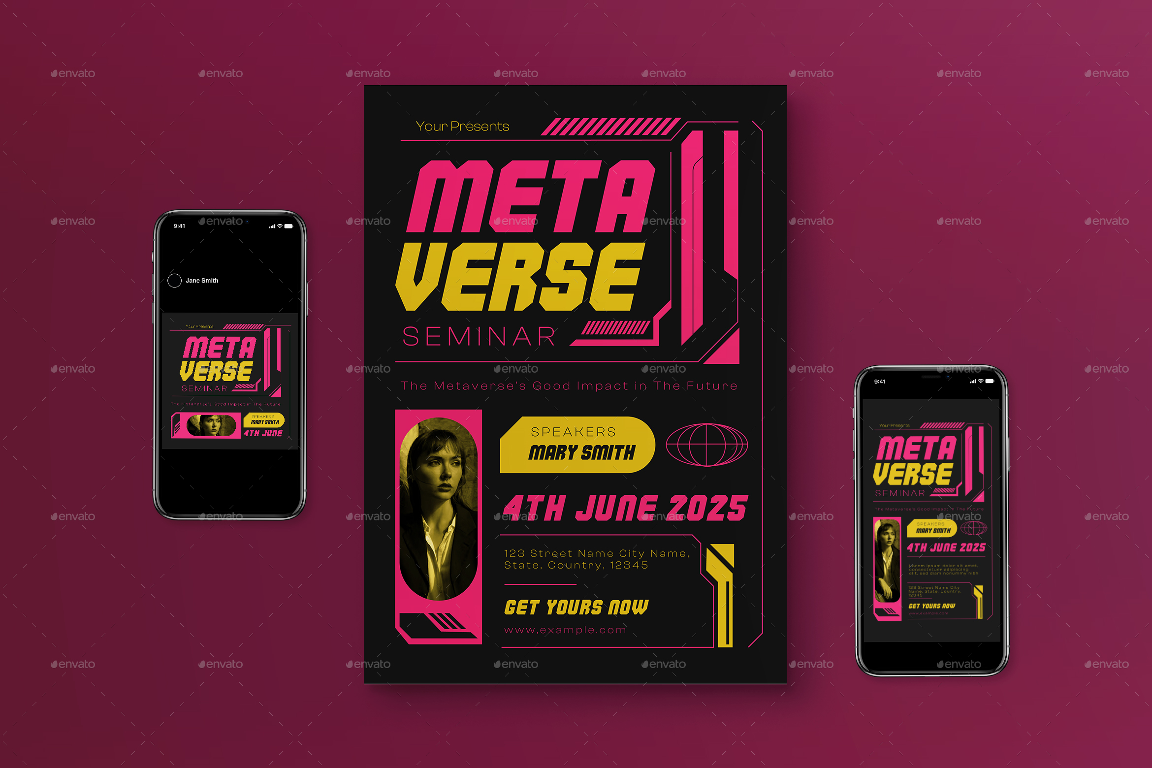 Magenta Cyberpunk Metaverse Seminar Flyer Set, Print Templates ...