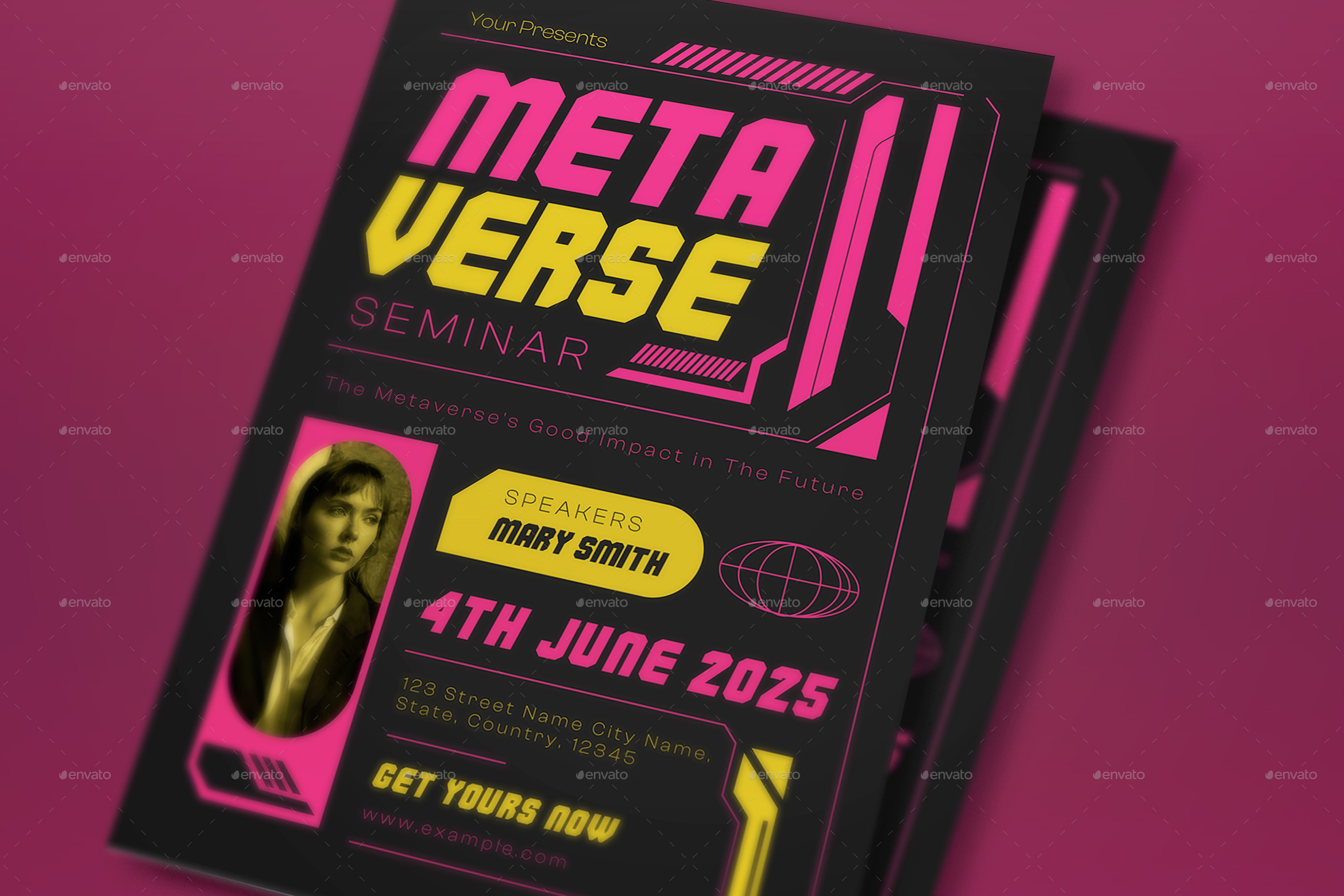 Magenta Cyberpunk Metaverse Seminar Flyer Set, Print Templates ...