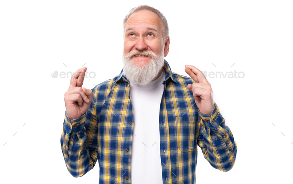 handsome 60s middle aged grey-haired man with a beard with a cheerful ...