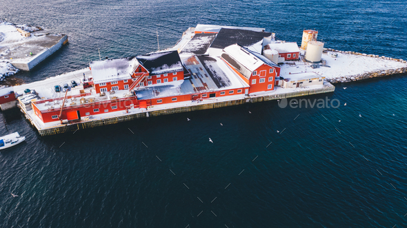 Aerial top view from drone of Traditional old fish factory in village ...