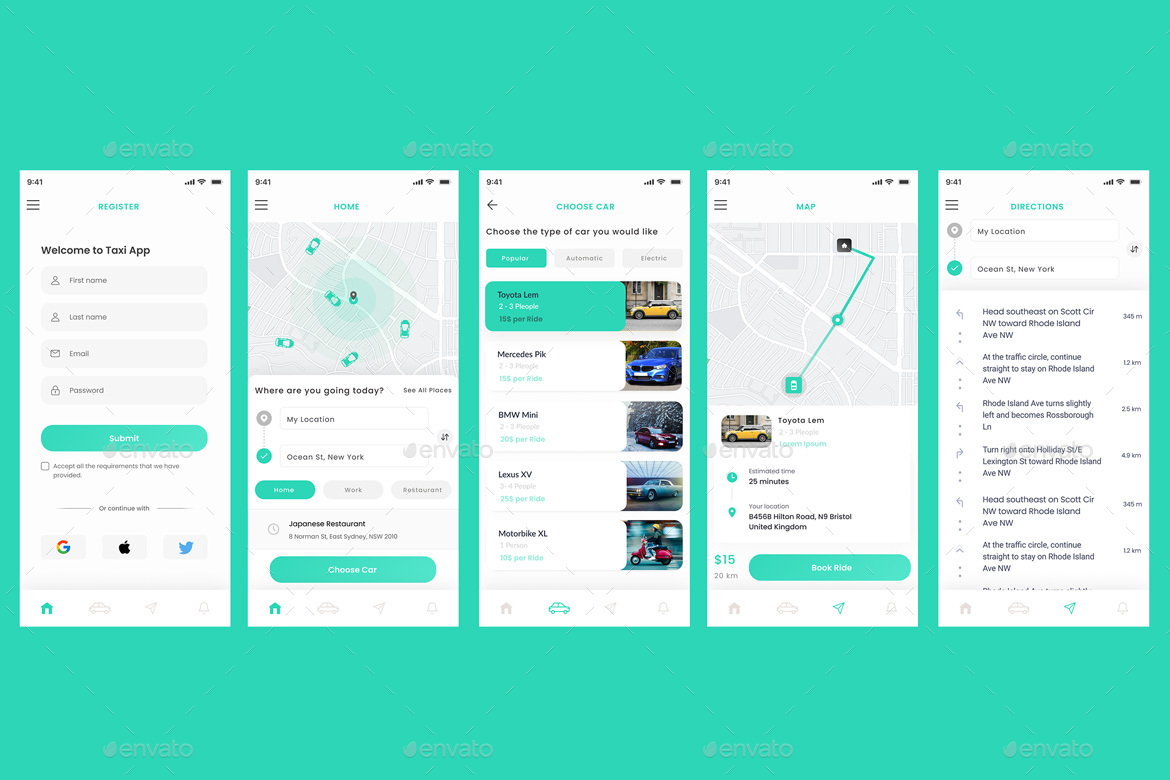 Taxi Booking, Driver Services & Ride Driver App UI, Web Elements ...