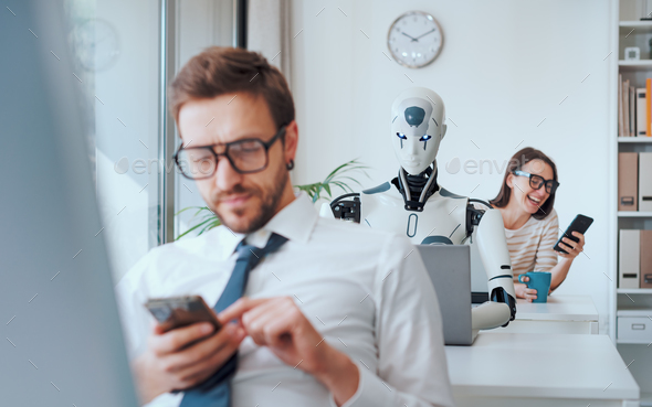 Efficient AI robot working and lazy employees Stock Photo by stockasso