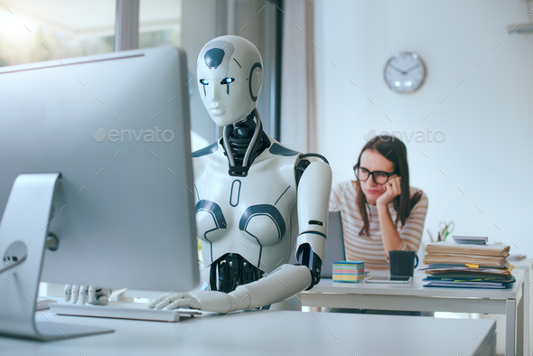 Disappointed stressed woman and AI robot in the office Stock Photo by ...