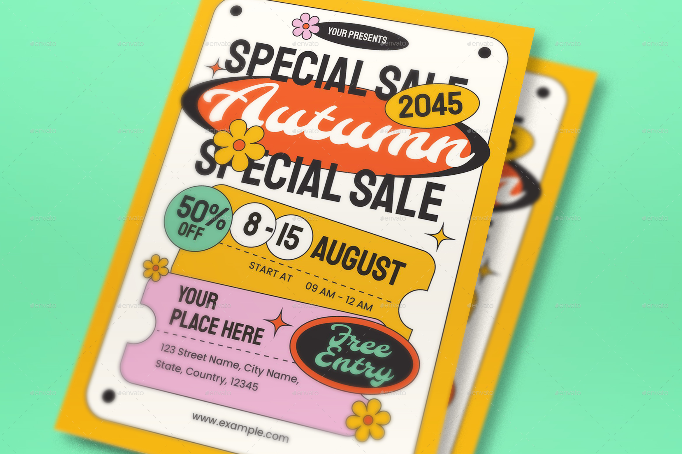 Yellow 70's Autumn Festival Flyer Set, Print Templates | GraphicRiver