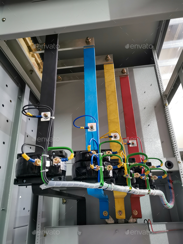 Image of copper busbar connection in electrical cabinet. Selective ...