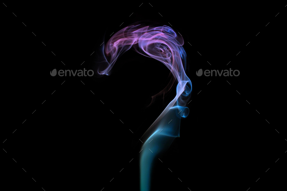 Multicolored smoke question mark shape on black background, mysterious ...